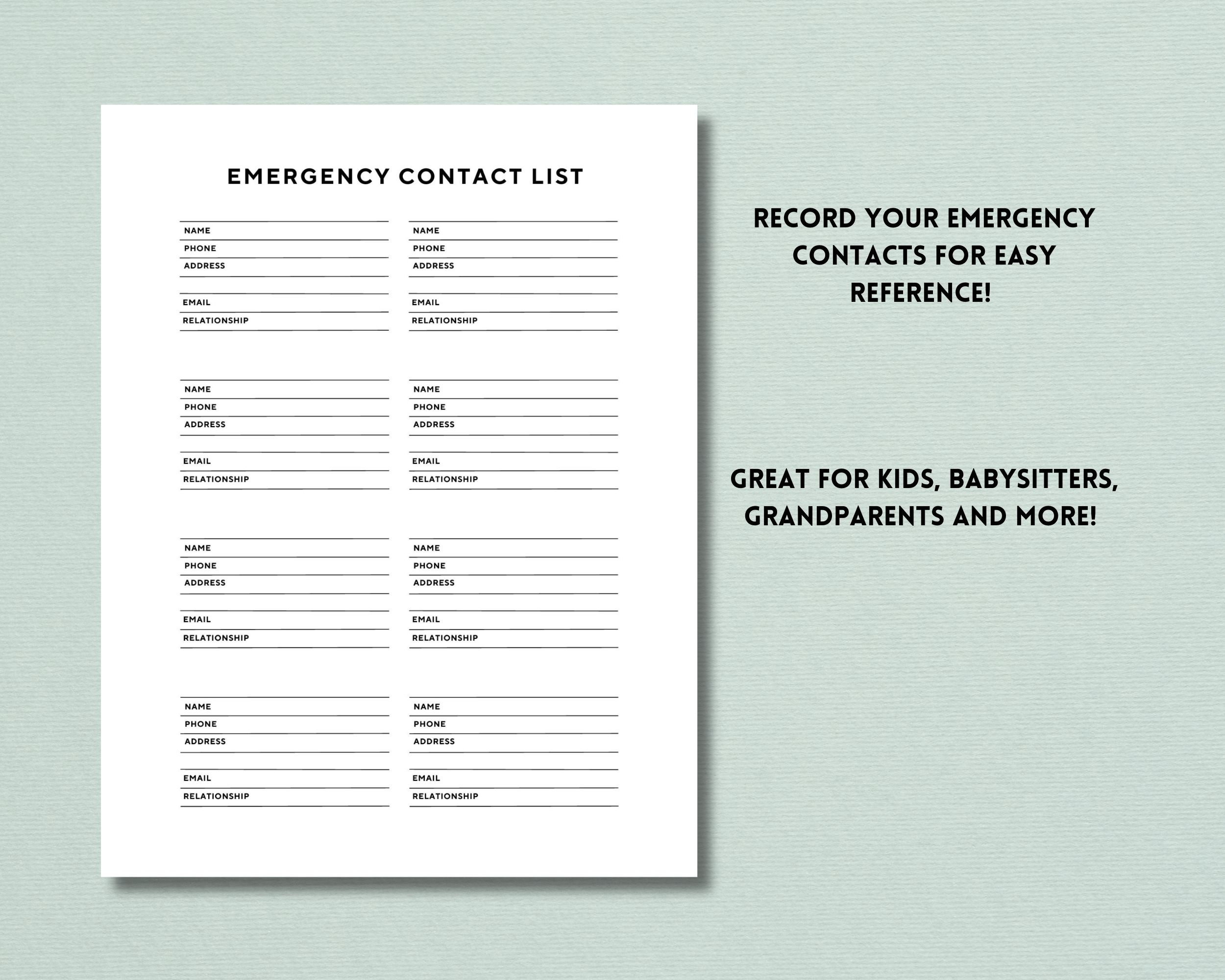 Emergency Contact List Printable Form, Emergency Information ...