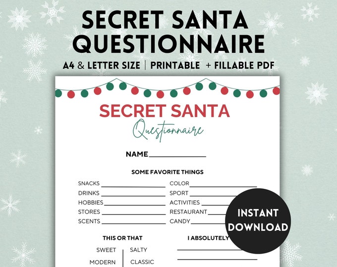 Secret Santa Questionnaire Printable, Christmas Gift Exchange, Gift ...