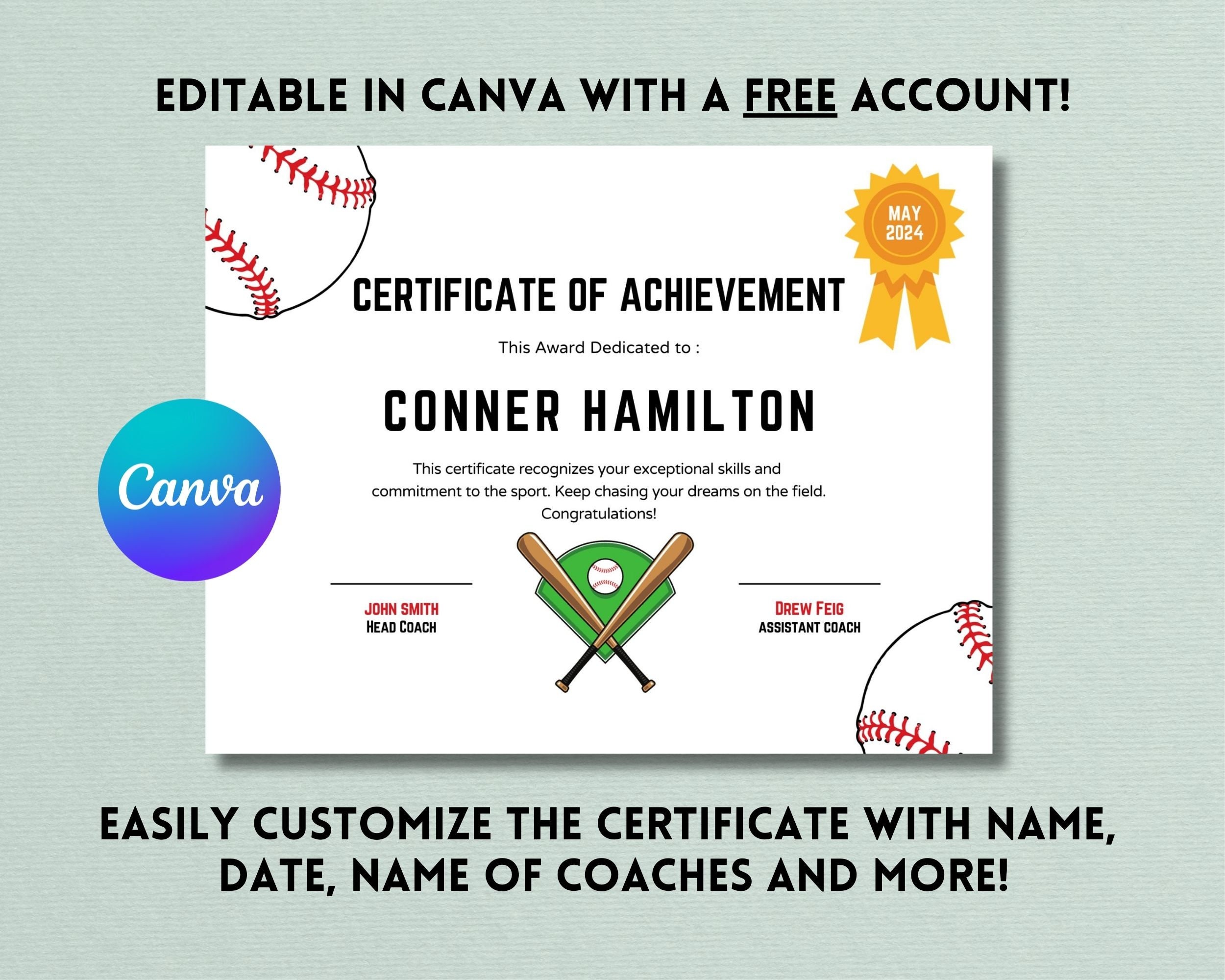 Baseball Certificate Editable, Award Ceremony Certificate, Printable ...