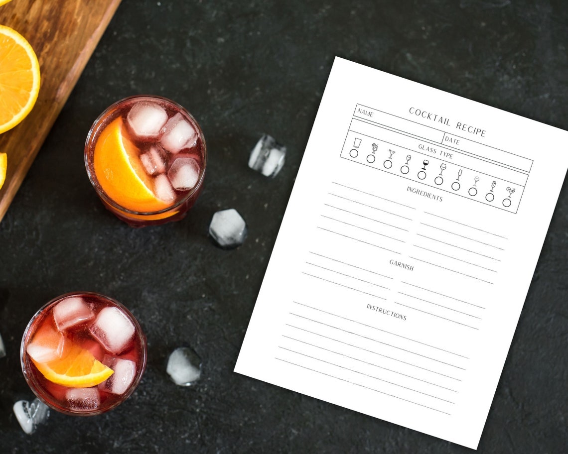 Cocktail Recipe Printable, Cocktail Journal Bartender Recipe Template ...