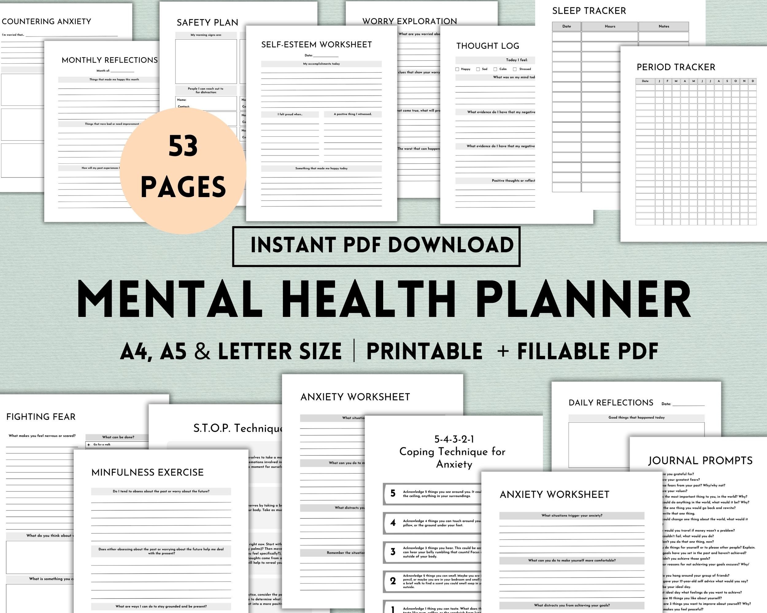 Mental Health Planner Printable Bundle, Anxiety Journal, CBT Worksheets ...