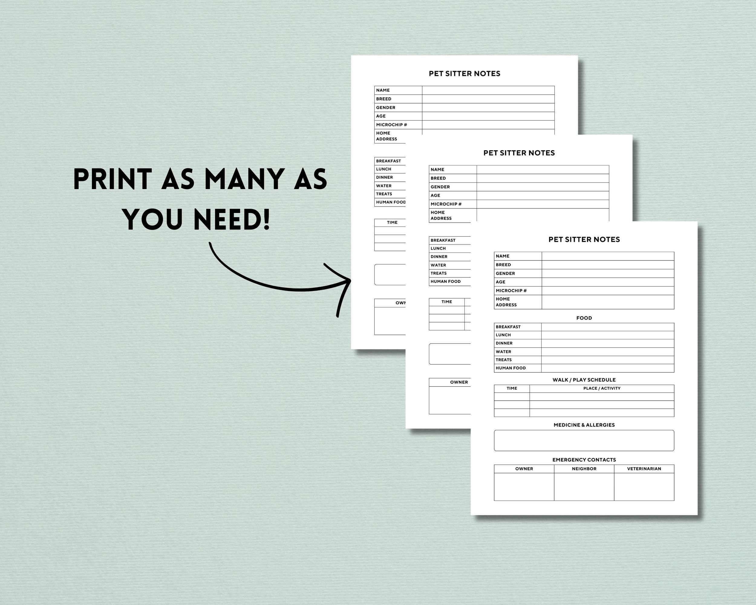 Pet Sitter Notes Printable Template, Pet Sitting Form, Cats, Dogs ...