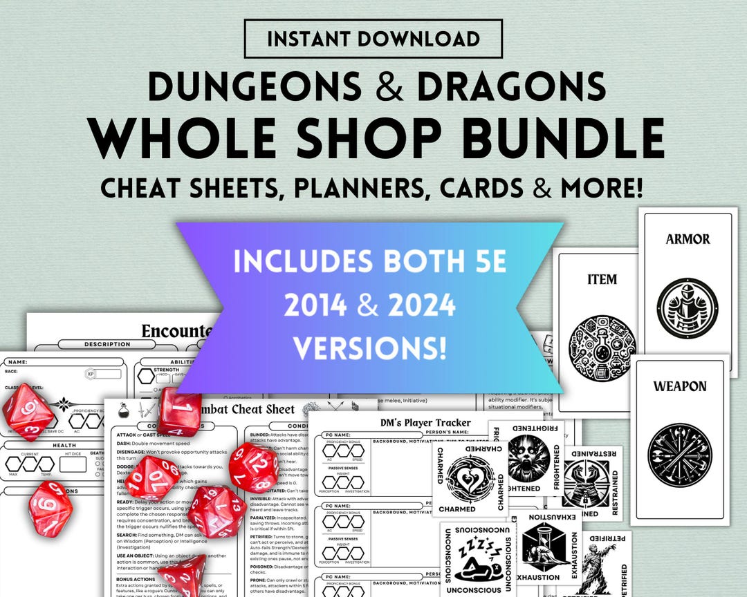 Dnd 5e Whole Shop Bundle: Cheat Sheet, Planner, Character Sheets, Spell ...