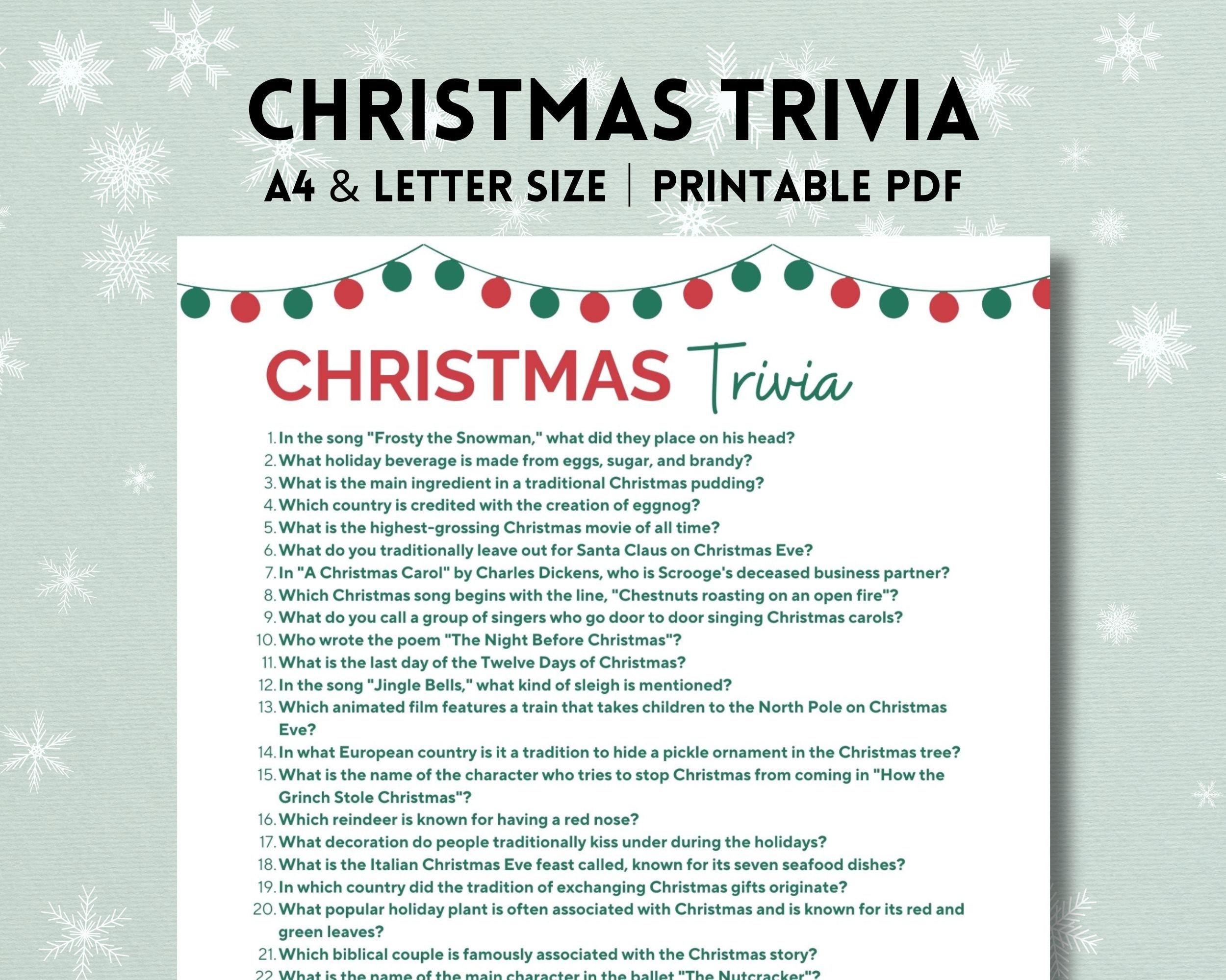 Christmas Trivia Printable, Holiday Trivia Game, Printable Christmas ...