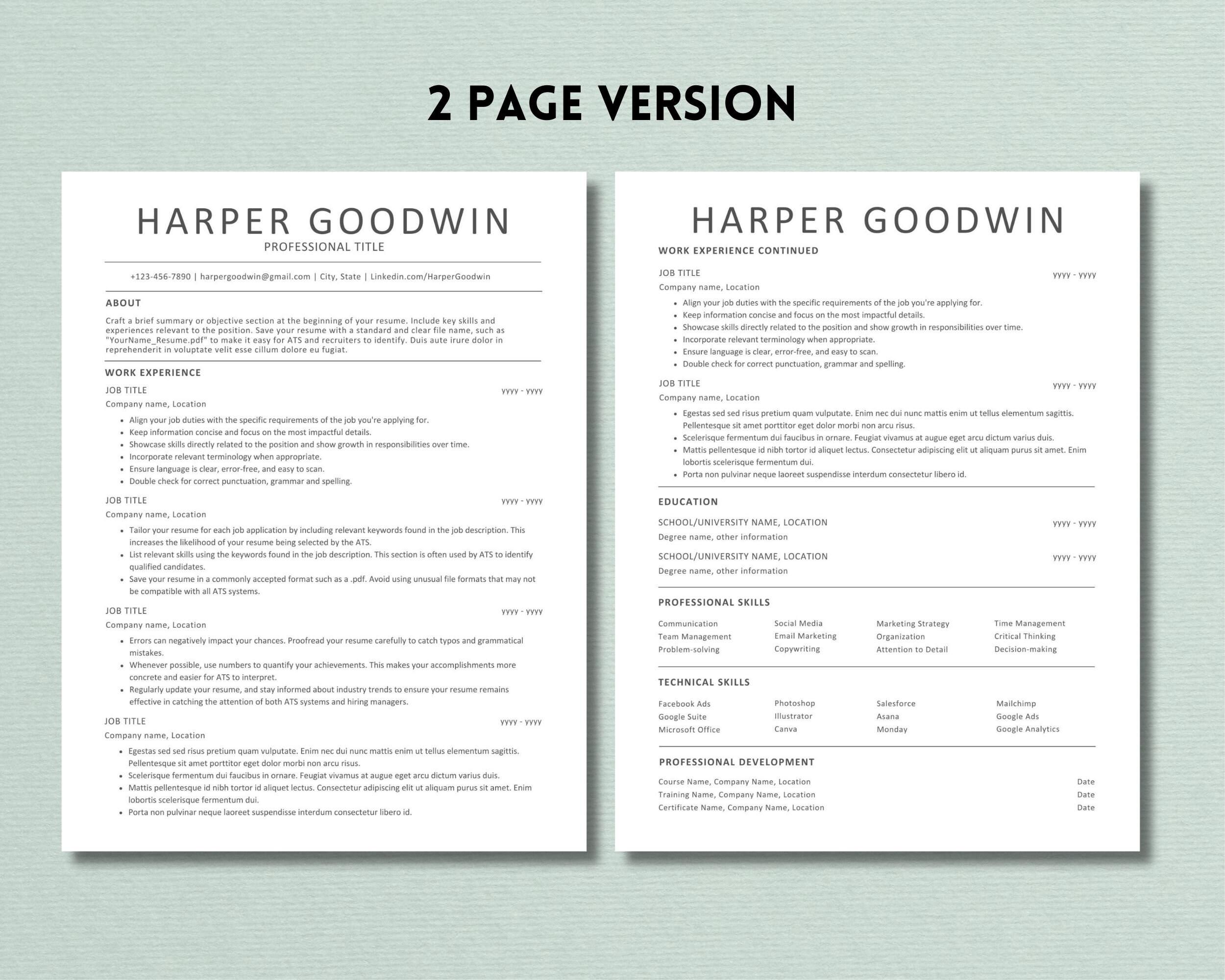 ATS Resume Template ATS Friendly Resume 2 Page Resume - Etsy