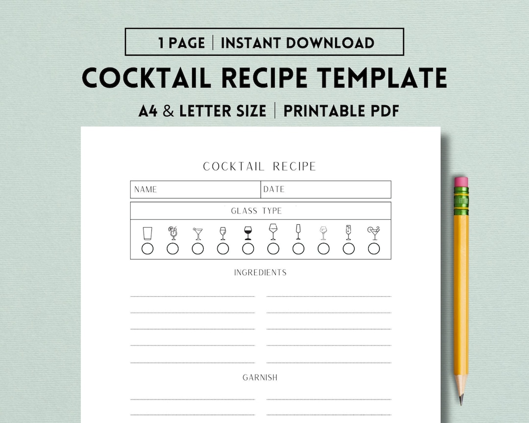 Cocktail Recipe Printable, Cocktail Journal Bartender Recipe Template ...