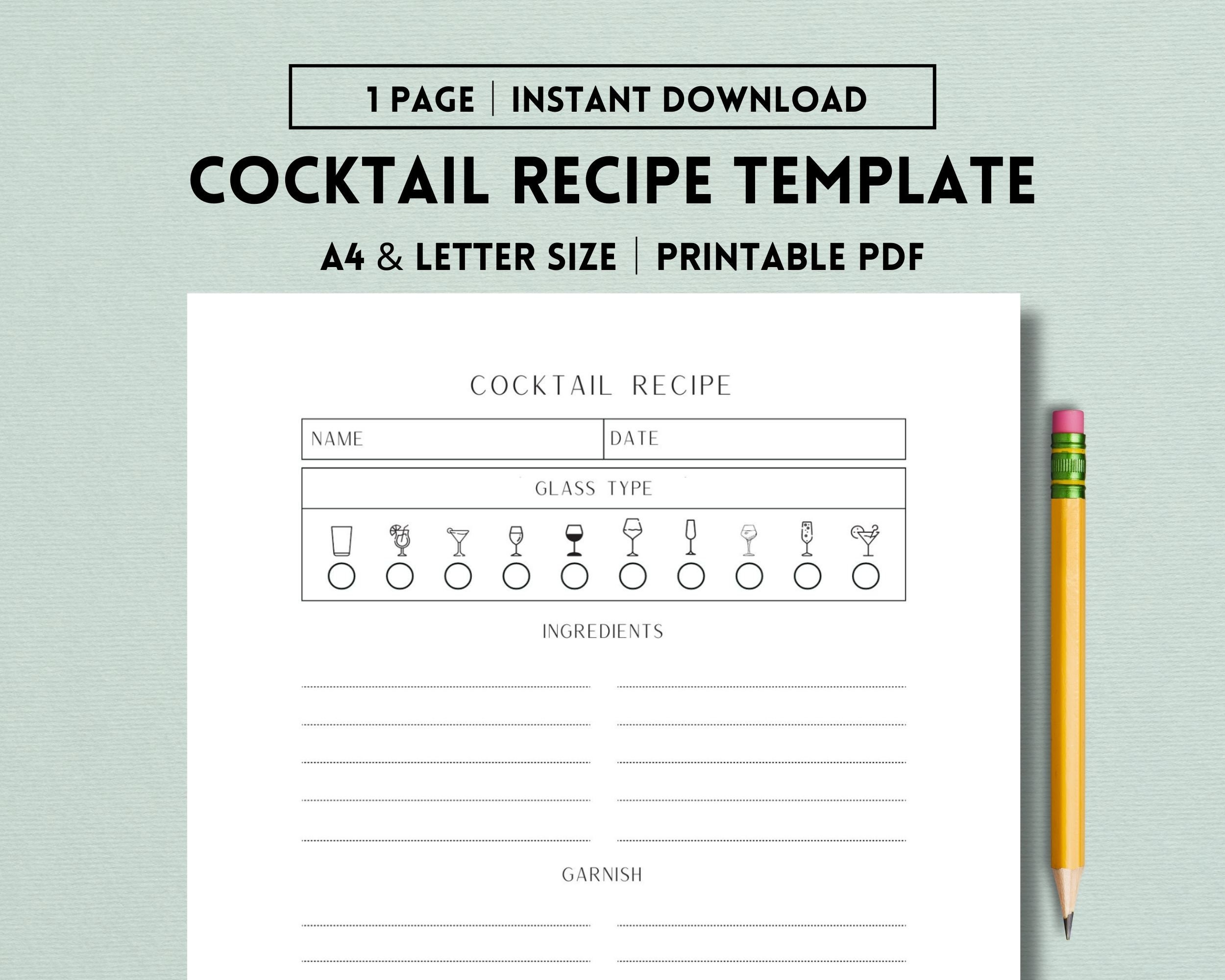 Cocktail Recipe Printable, Cocktail Journal Bartender Recipe Template ...