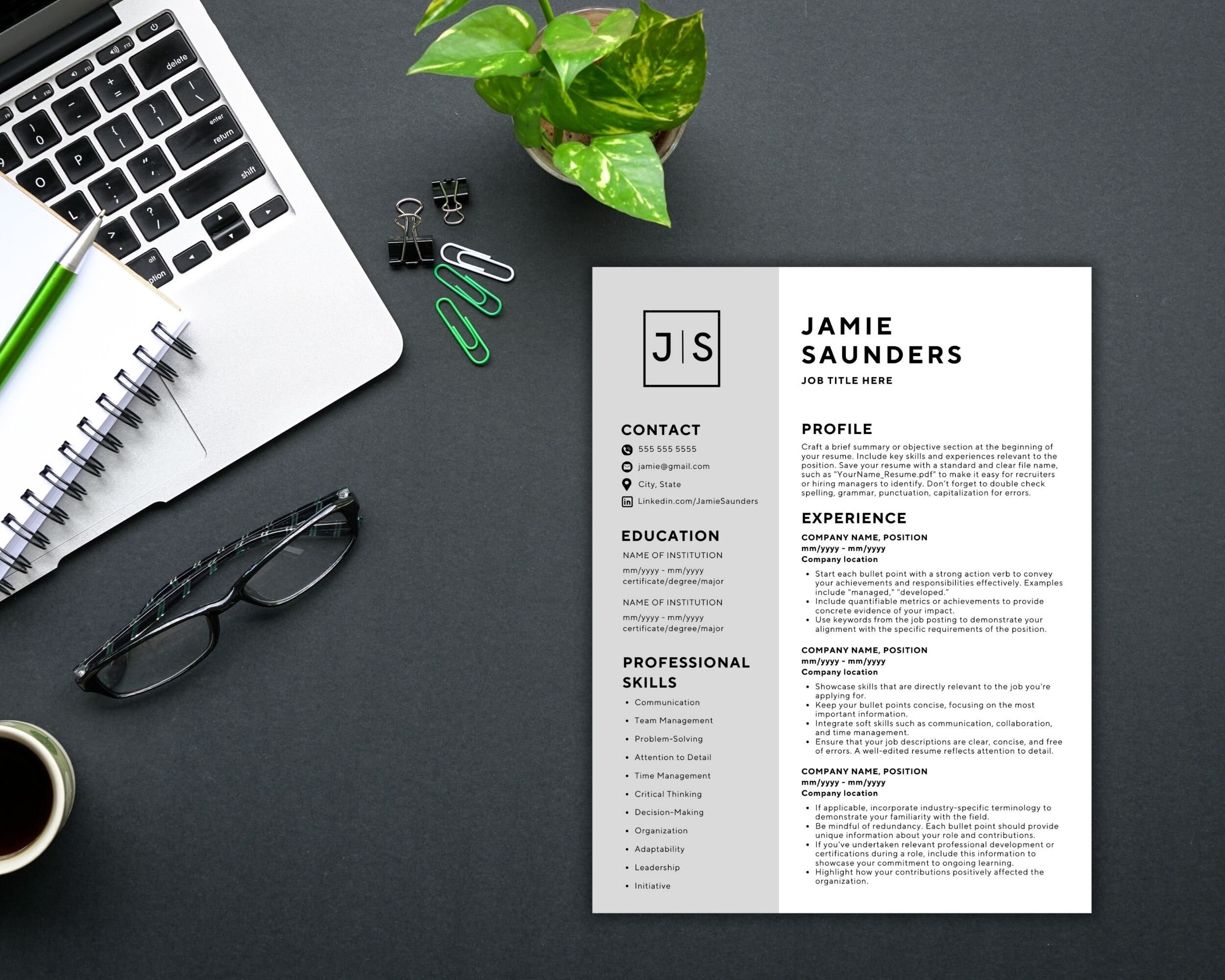 One or Two Page Resume Template, CV Work Resume, Job Resume Template ...