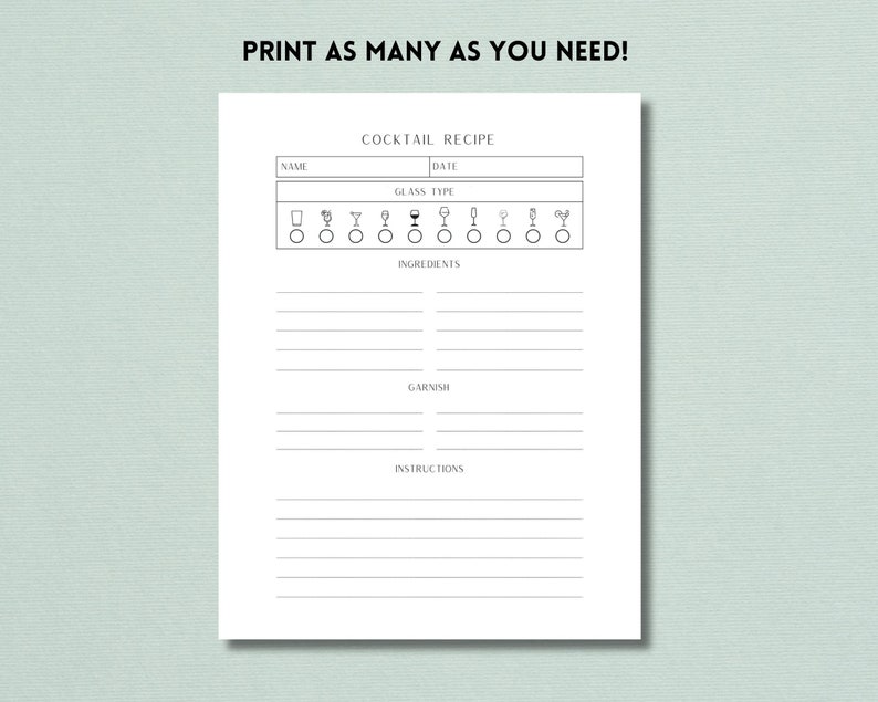 Cocktail Recipe Printable, Cocktail Journal Bartender Recipe Template ...