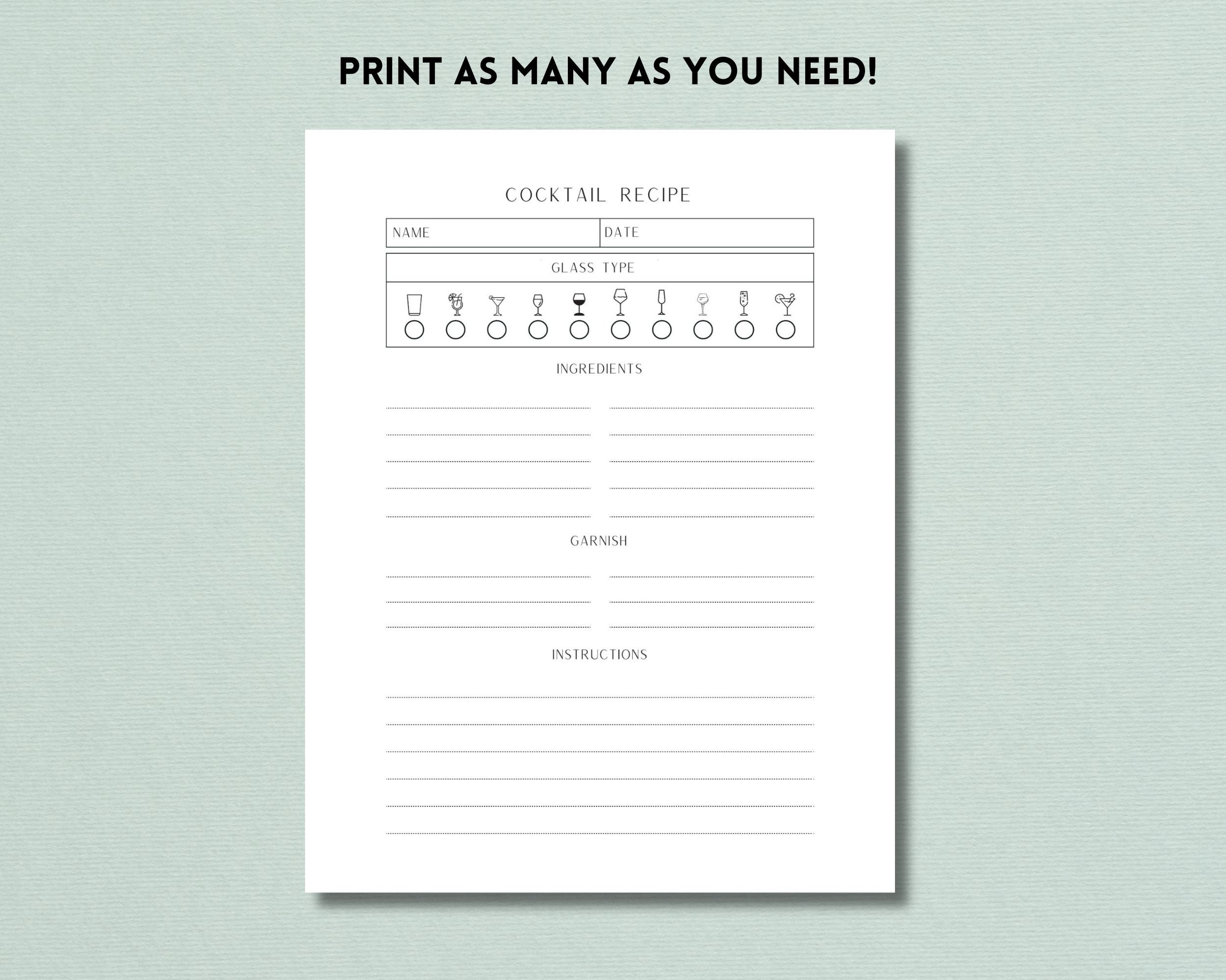 Cocktail Recipe Printable, Cocktail Journal Bartender Recipe Template ...