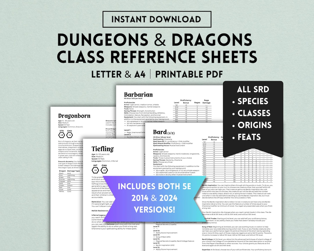 Dnd 5e Class Reference Sheets: Species, Origins, Feats (letter & A4 ...