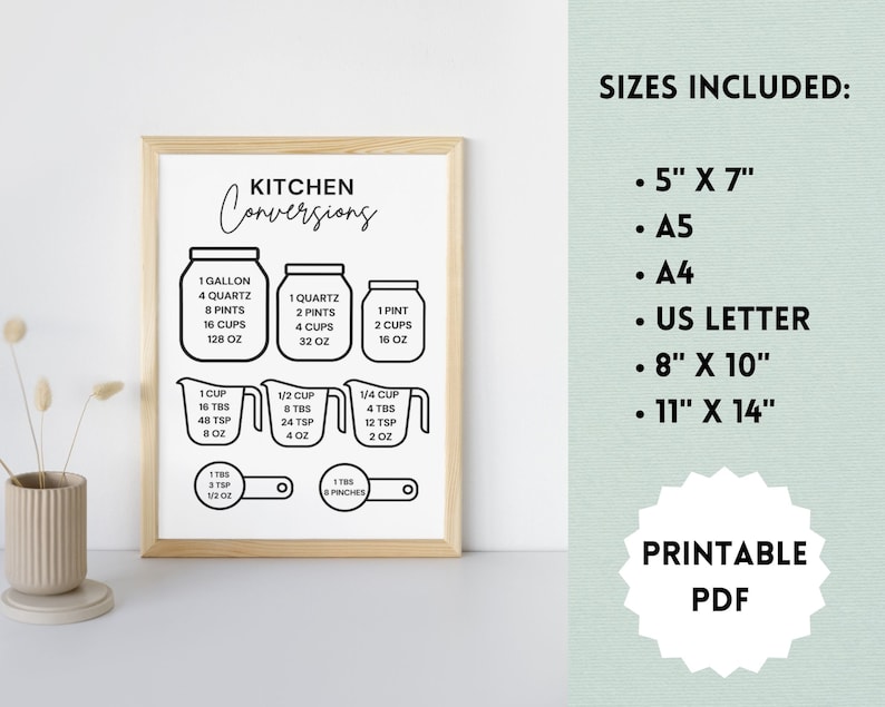 Kitchen Conversion Chart, Kitchen Wall Art, Baking Conversion Chart ...