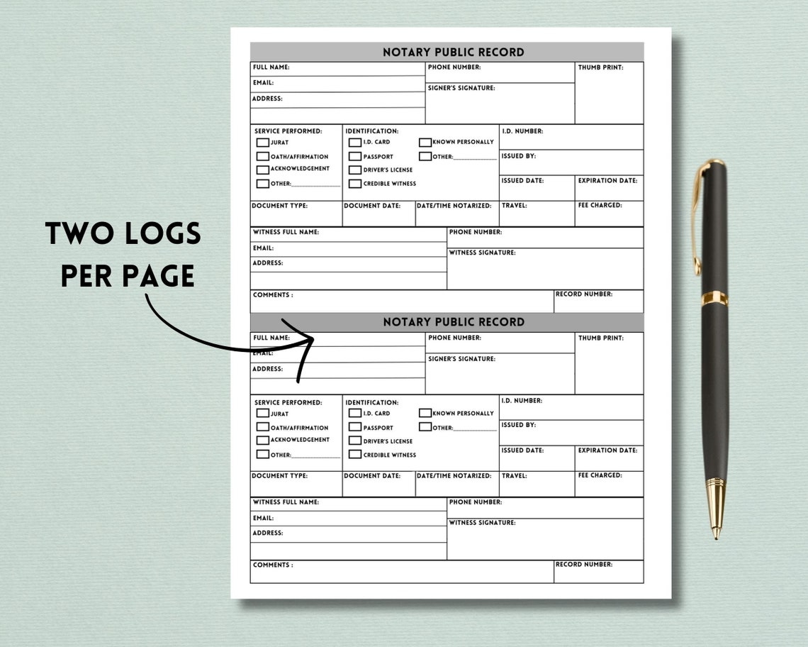 Notary Log Printable, Notary Public Record, Notary Journal, Notary Book ...