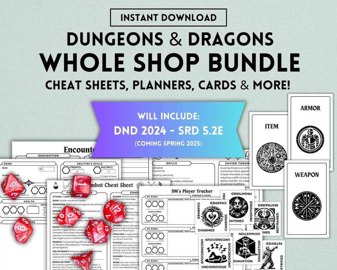 Dnd Whole Shop Bundle, 5e, Dnd Printable, Dnd Cheat Sheet, Dnd Cards ...