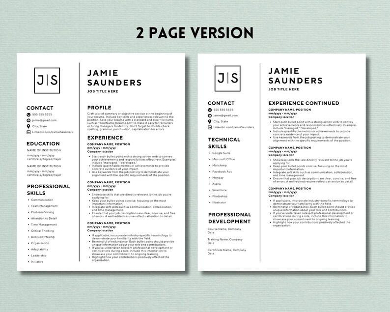 One or Two Page Resume Template, CV Work Resume, Job Resume Template ...