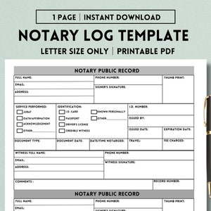 Notary Log Printable, Notary Public Record, Notary Journal, Notary Book ...
