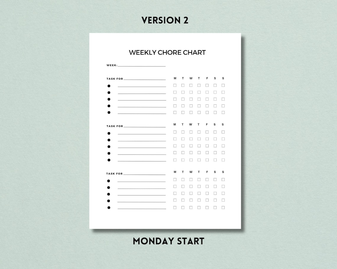 Weekly Chores Chart Printable Template, Kids Chores List, Household ...