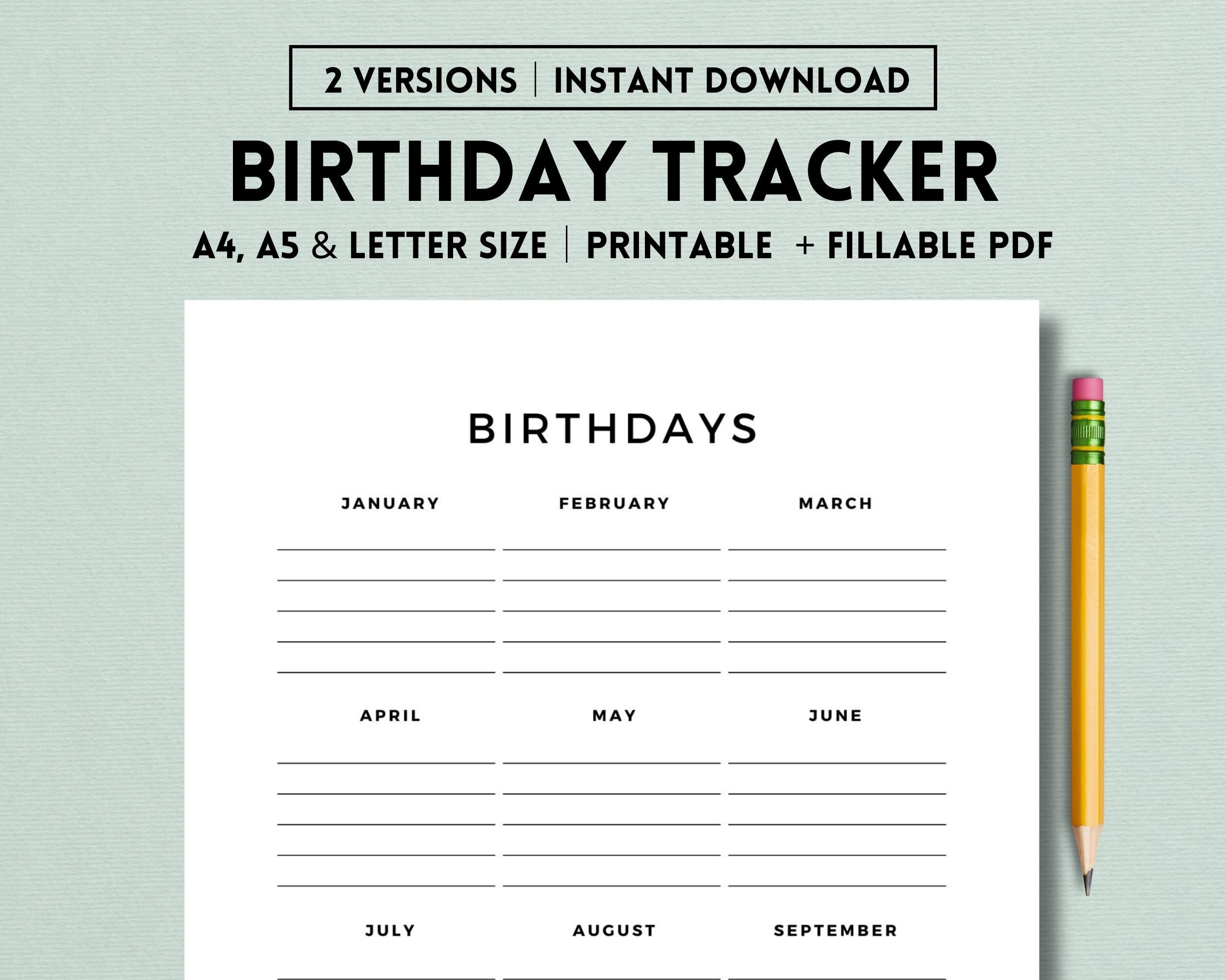 Printable Birthday Tracker, Birthday Reminder, Birthday Calendar ...