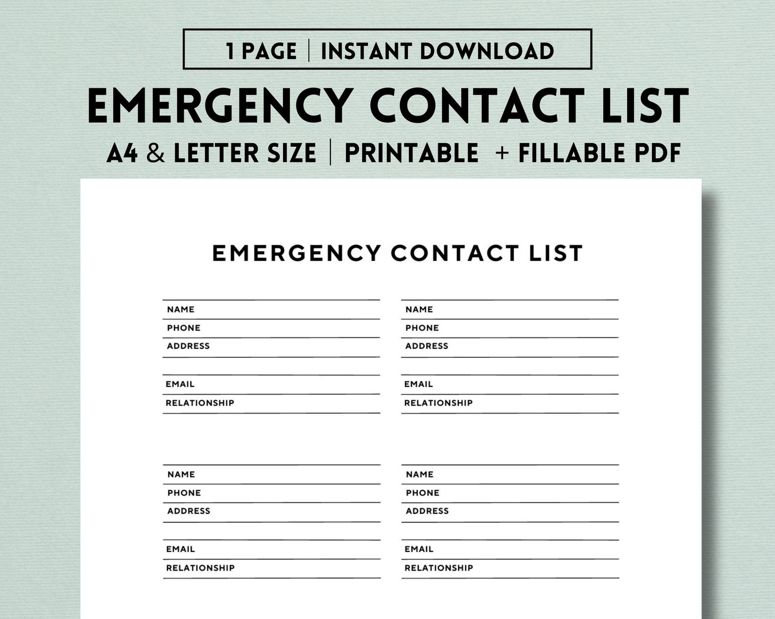 Emergency Contact List Printable Form, Emergency Information ...