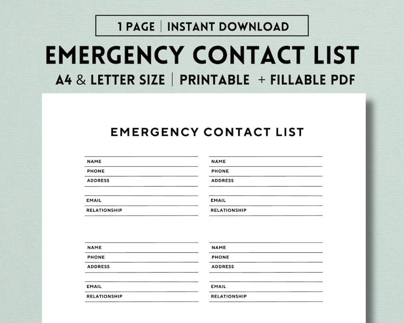 Emergency Contact List Printable Form, Emergency Information ...