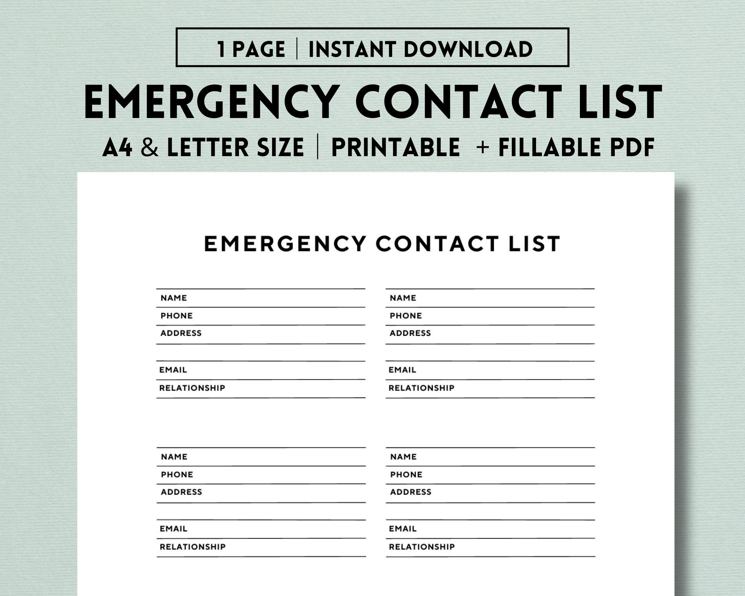 Emergency Contact List Printable Form, Emergency Information ...