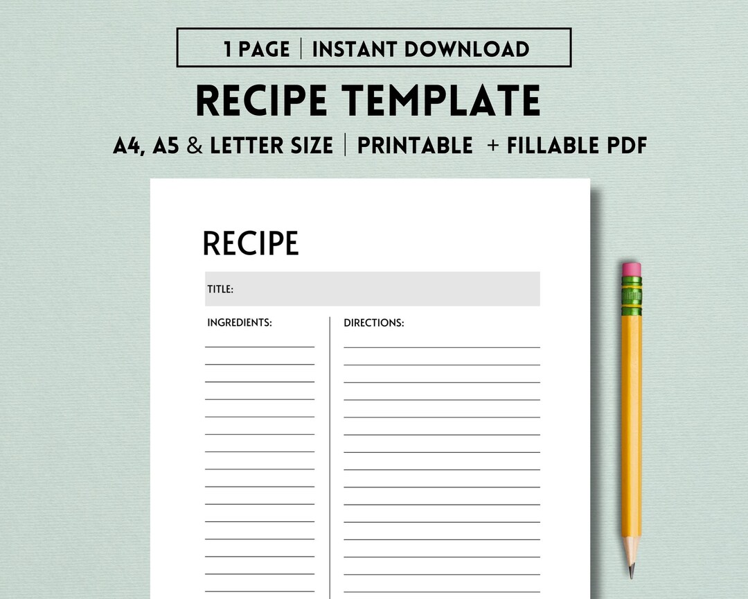 Recipe Template Printable, Blank Recipe Page, Cook Book Template ...