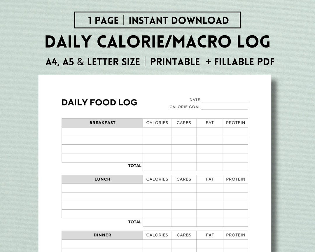 Daily Calorie and Macro Log Printable, Calorie Tracker, Calorie Counter ...