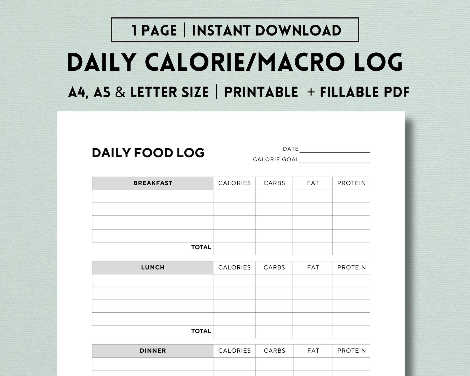 Daily Calorie and Macro Log Printable, Calorie Tracker, Calorie Counter ...