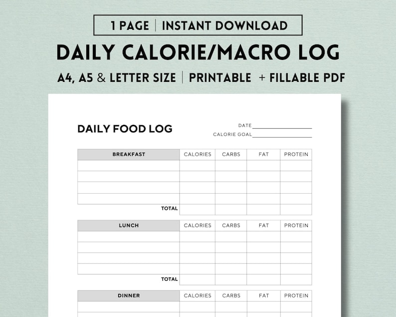Daily Calorie and Macro Log Printable, Calorie Tracker, Calorie Counter ...