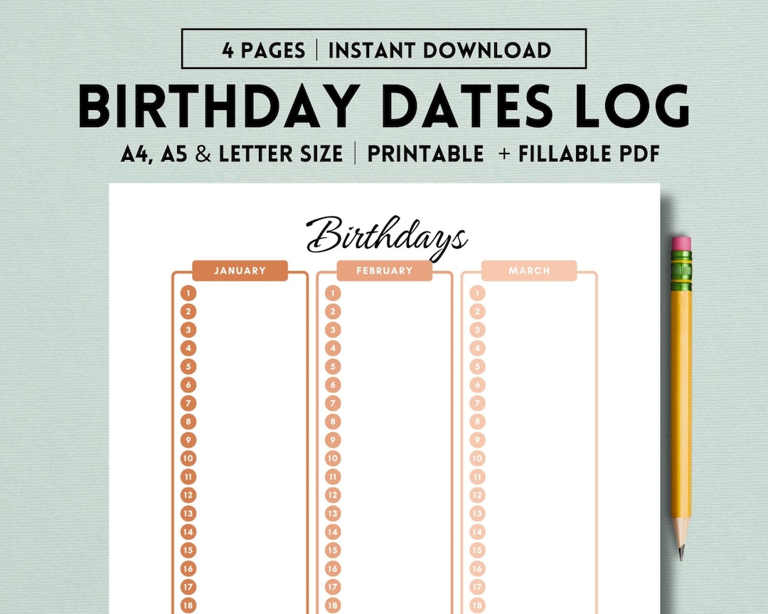 Birthday Dates Printable Template Reminder Book Birth Date - Etsy