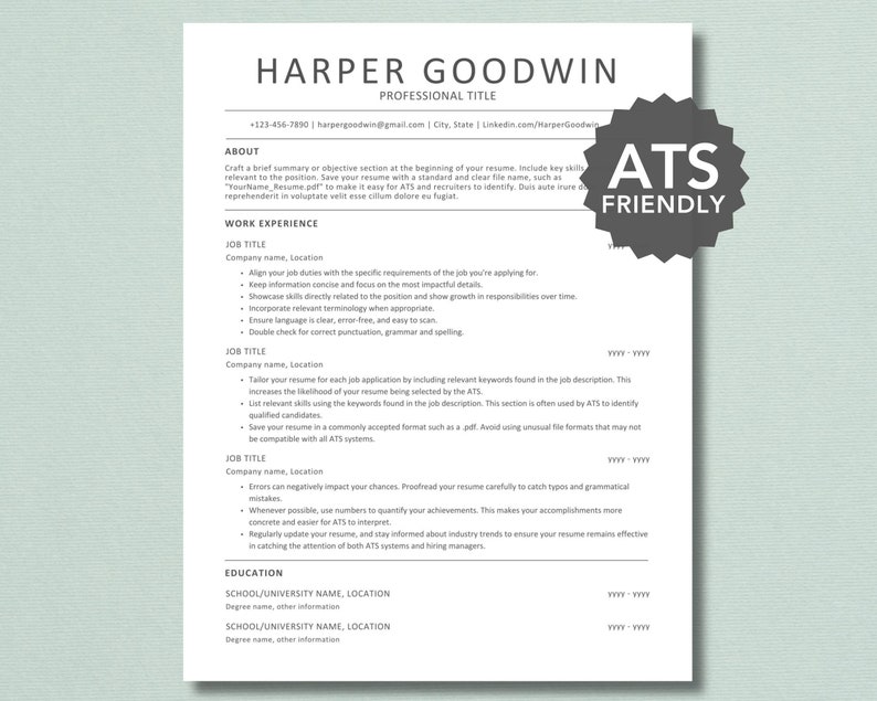 ATS Resume Template, ATS Friendly Resume, 2 Page Resume, Simple Resume ...