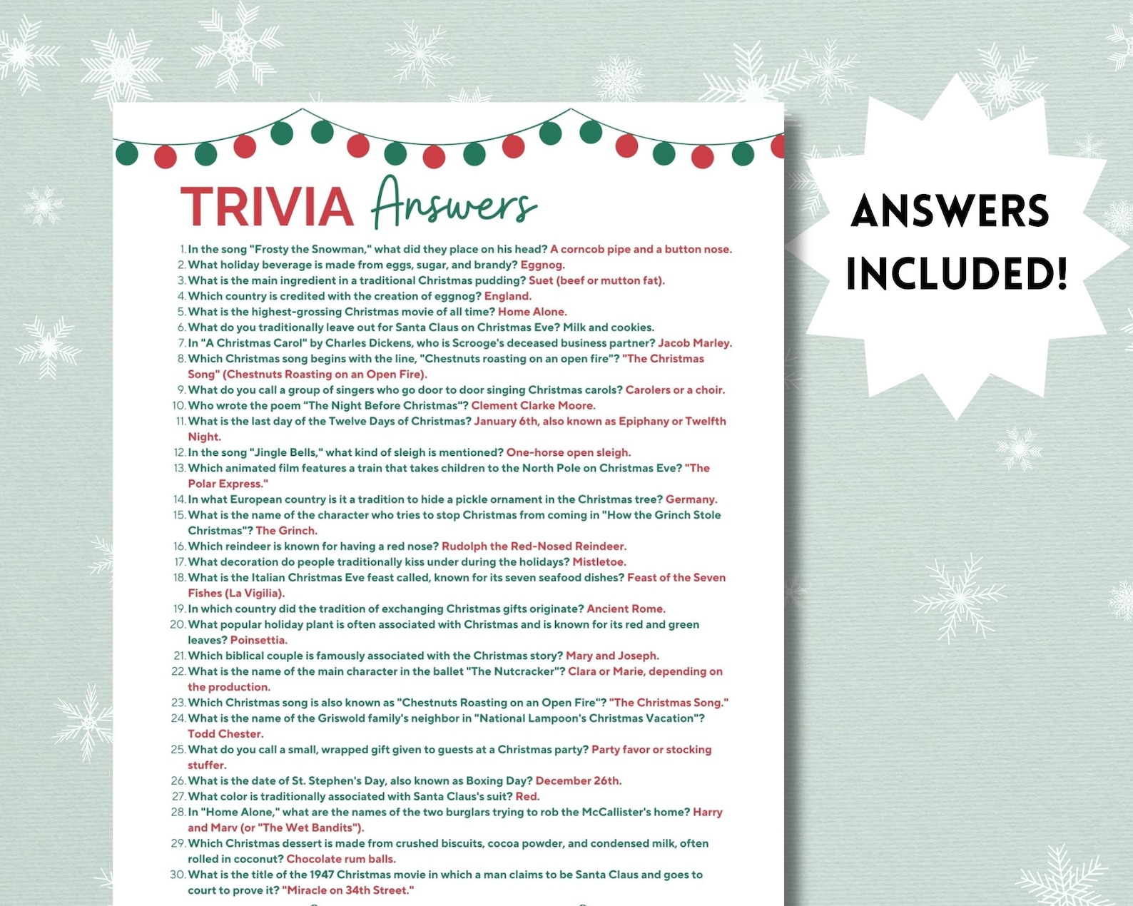 Christmas Trivia Printable, Holiday Trivia Game, Printable Christmas ...