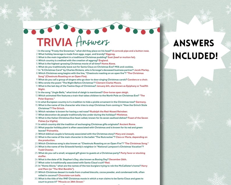 Christmas Trivia Printable, Holiday Trivia Game, Printable Christmas ...