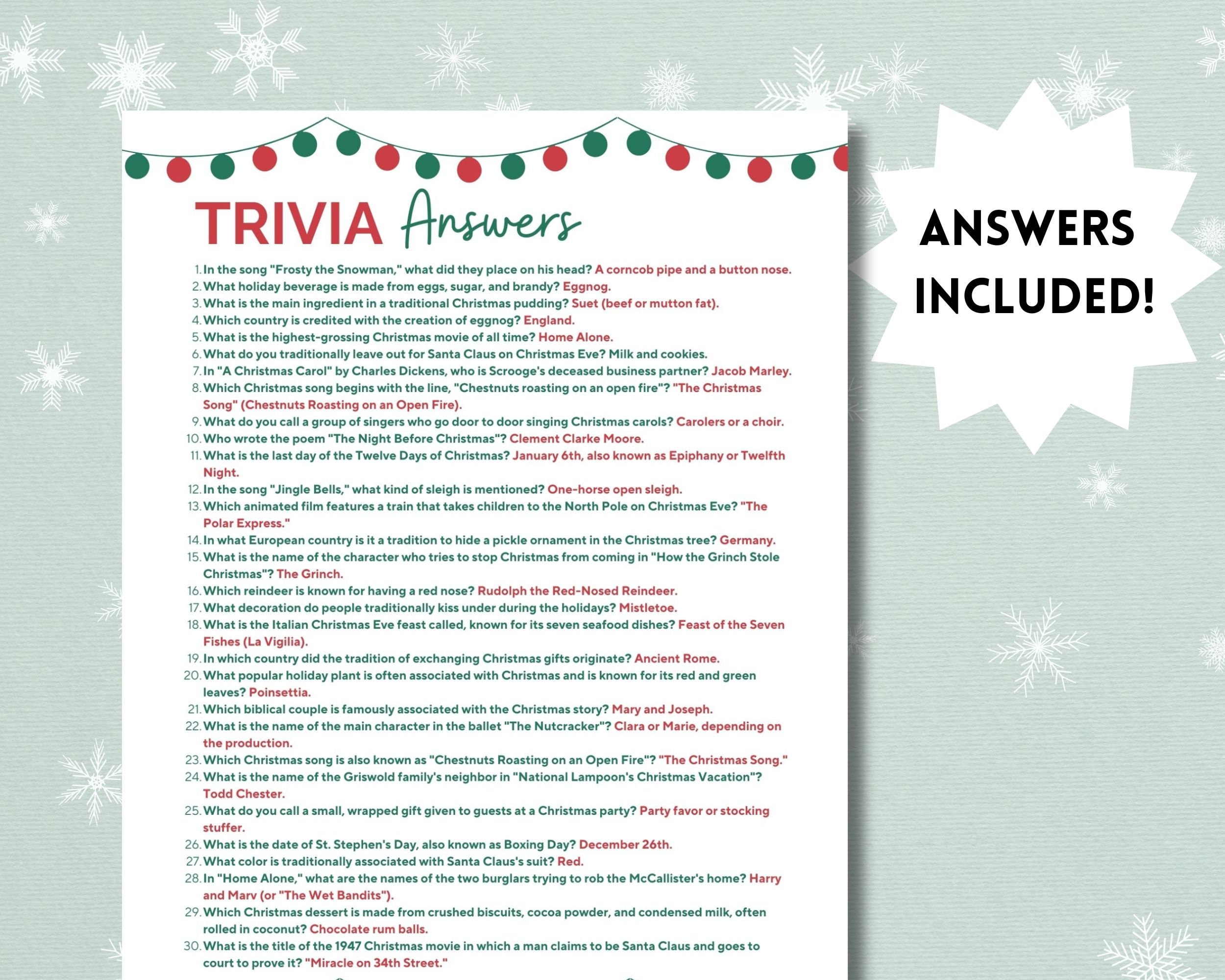 Christmas Trivia Printable, Holiday Trivia Game, Printable Christmas ...