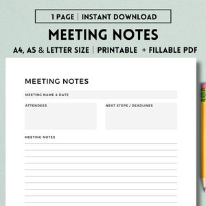 Meeting Notes Printable, Note Taking Template, Office Organization ...