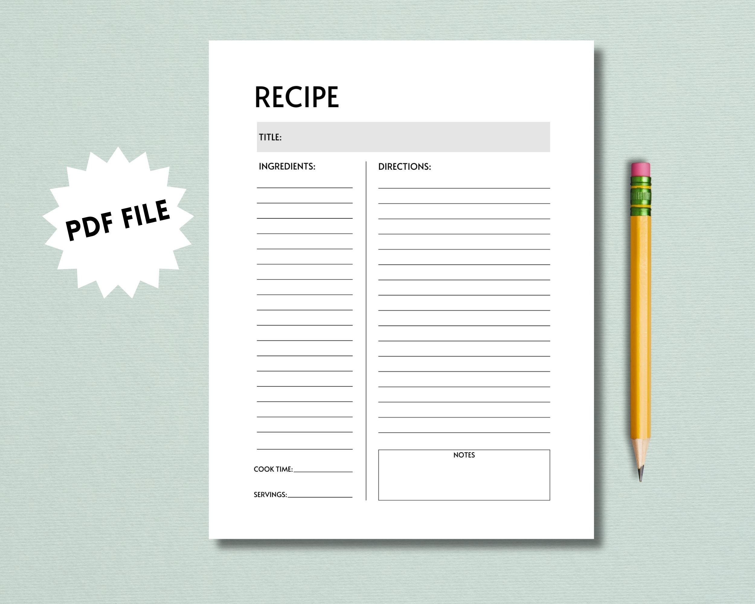 Recipe Template Printable Blank Recipe Page Cook Book - Etsy