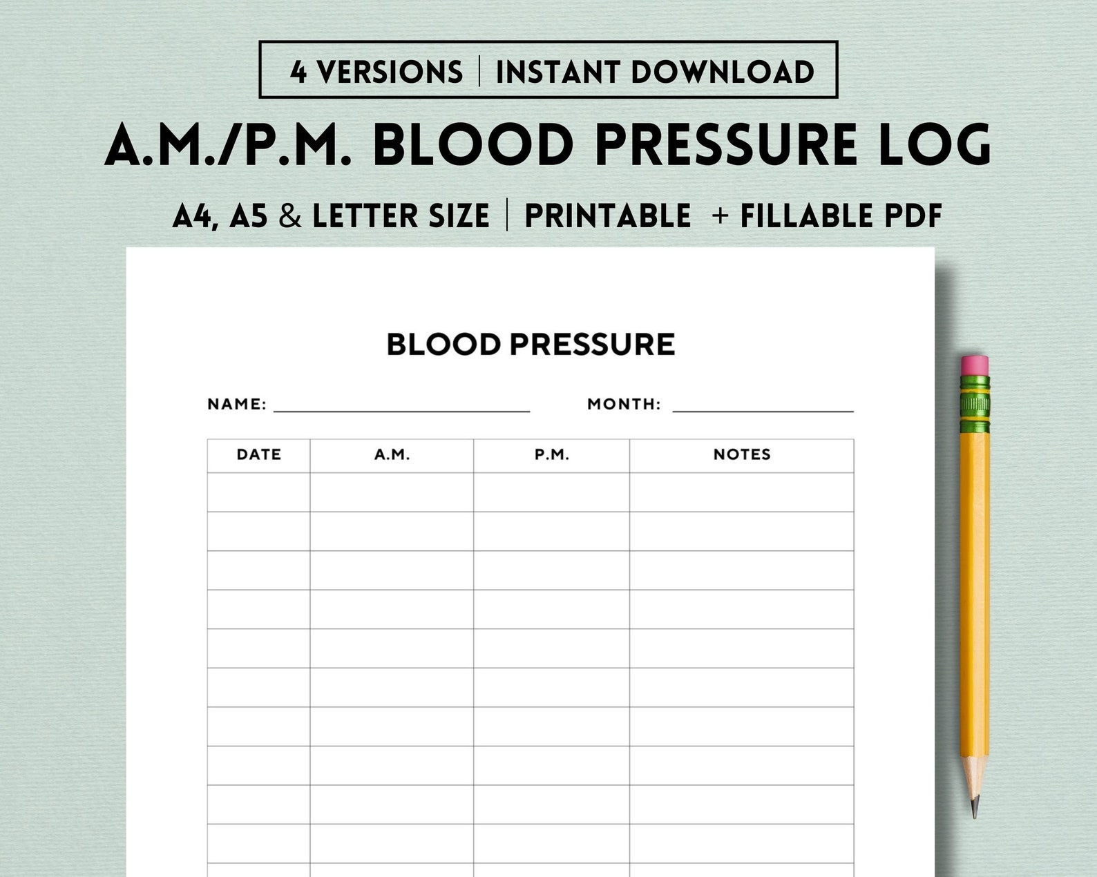 A.M./P.M. Blood Pressure Log Printable Template, Morning and Evening ...