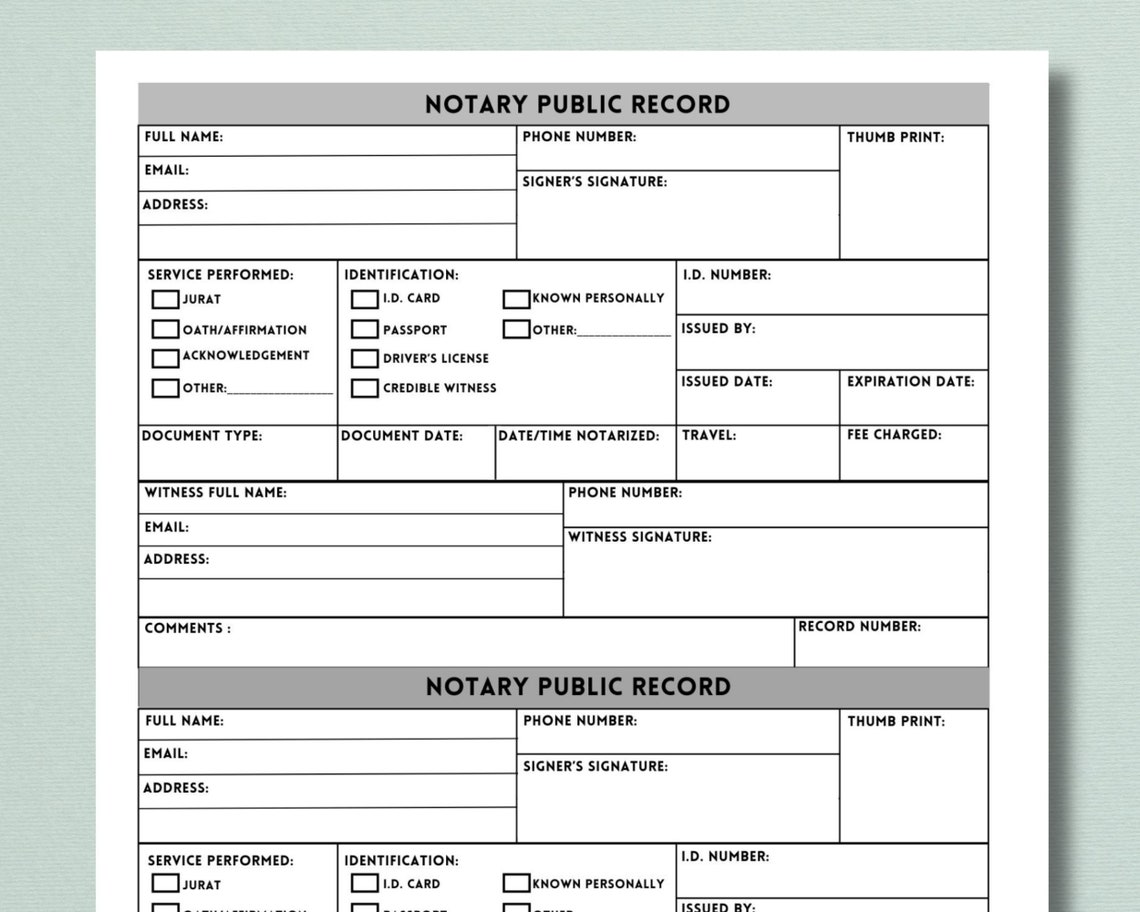 Notary Log Printable, Notary Public Record, Notary Journal, Notary Book ...