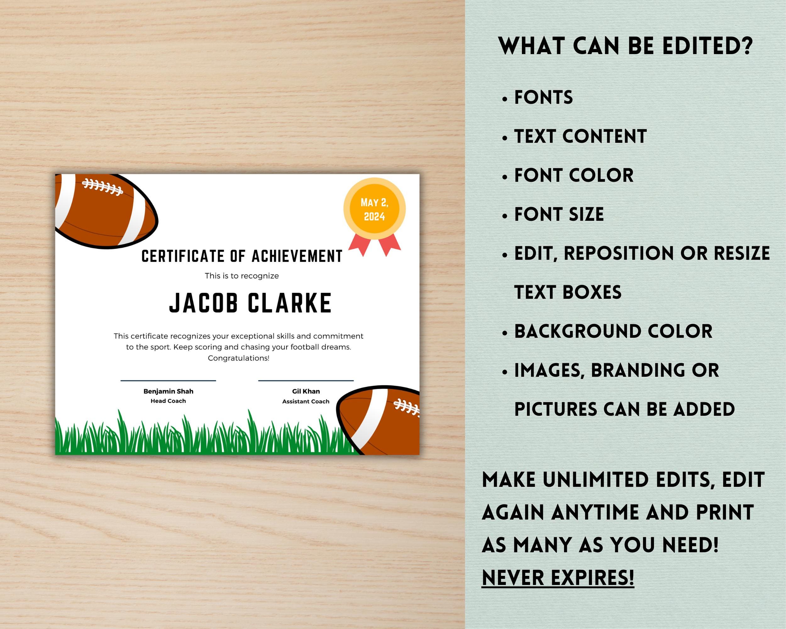 Football Certificate Editable, Award Ceremony Certificate, Printable ...