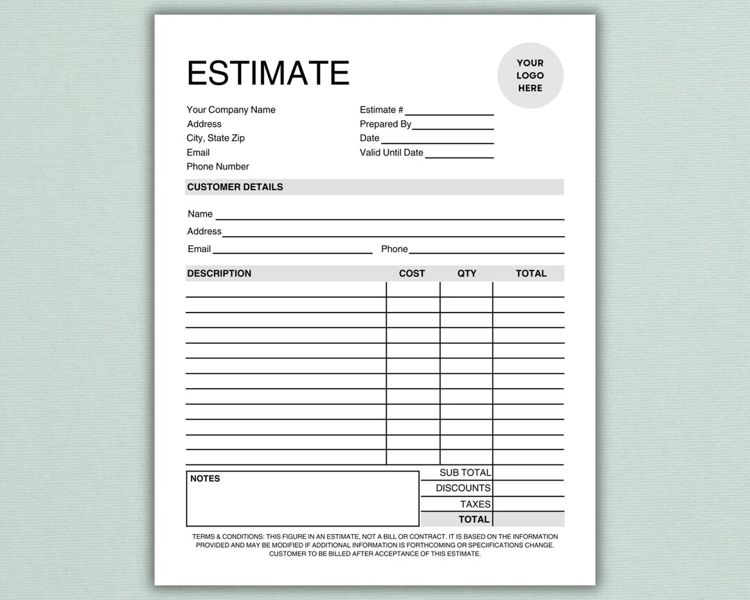 Job Estimate Printable Template, Business Quote Form, Contractor ...