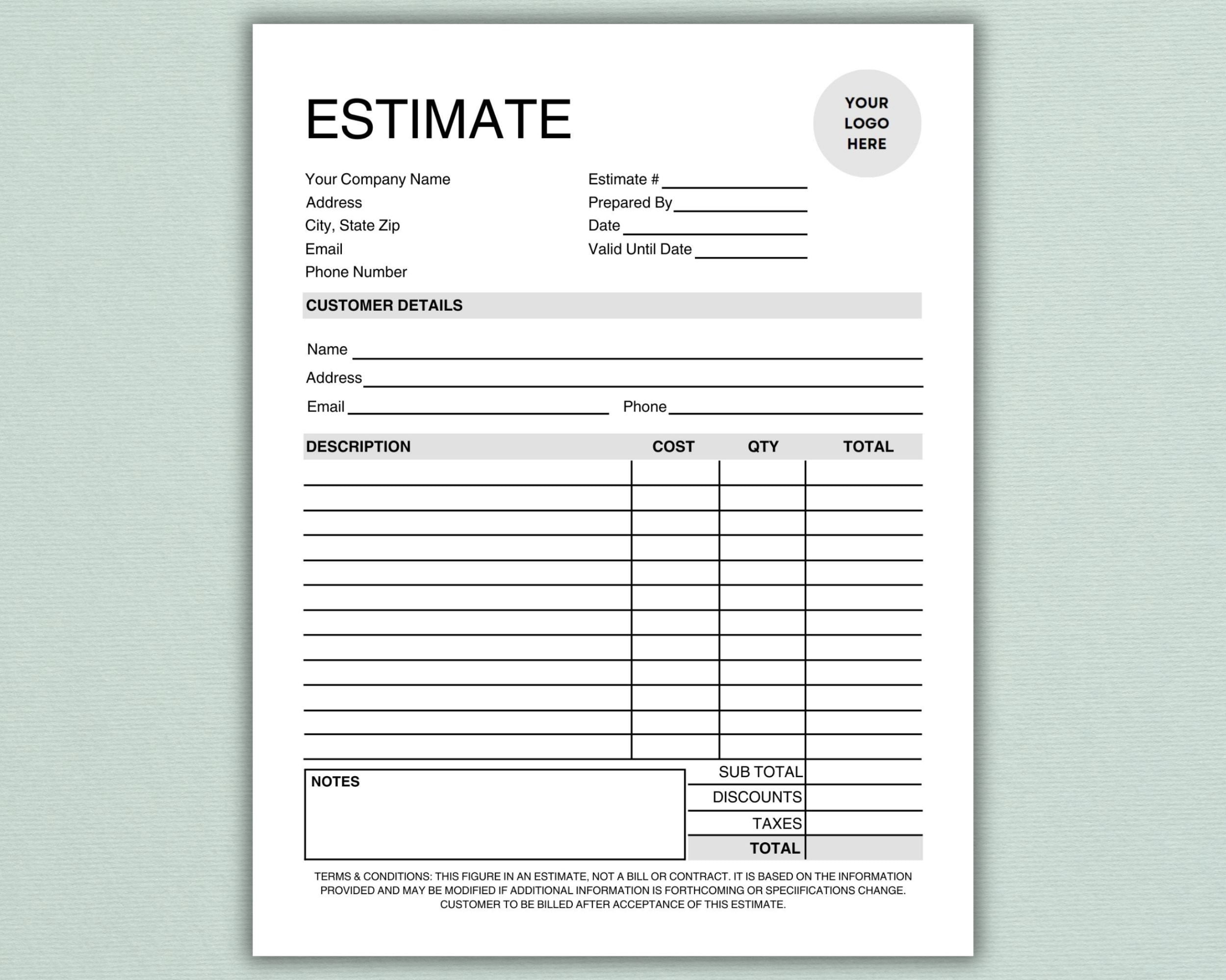 Job Estimate Printable Template, Business Quote Form, Contractor ...