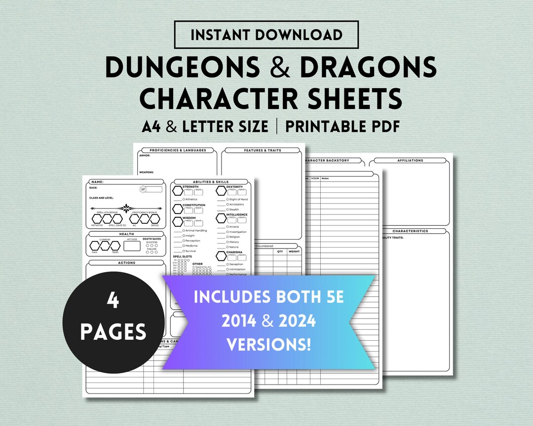 Dnd Character Sheet Printable, 5e, 2014, 2024, Dnd Character Journal ...