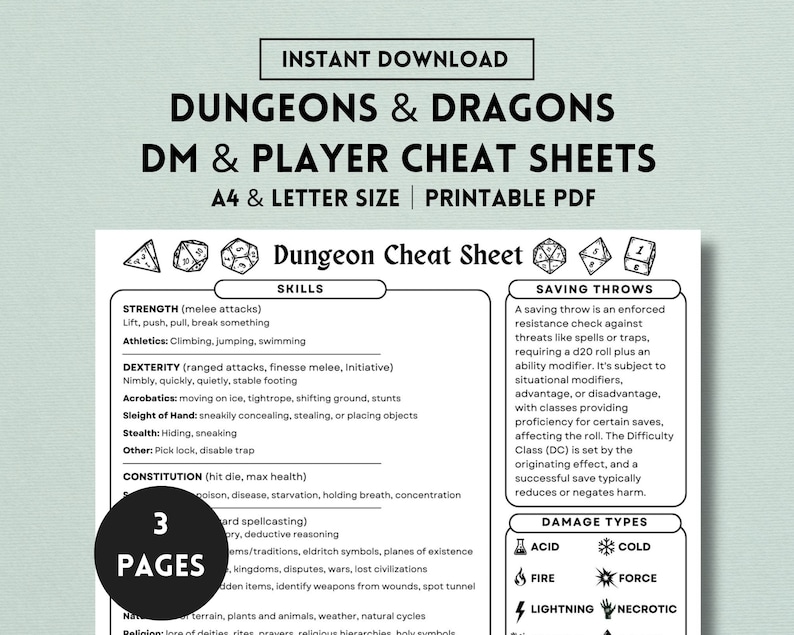 Dnd Cheat Sheet 5e Quick Reference Guide DM Cheat Sheet - Etsy UK