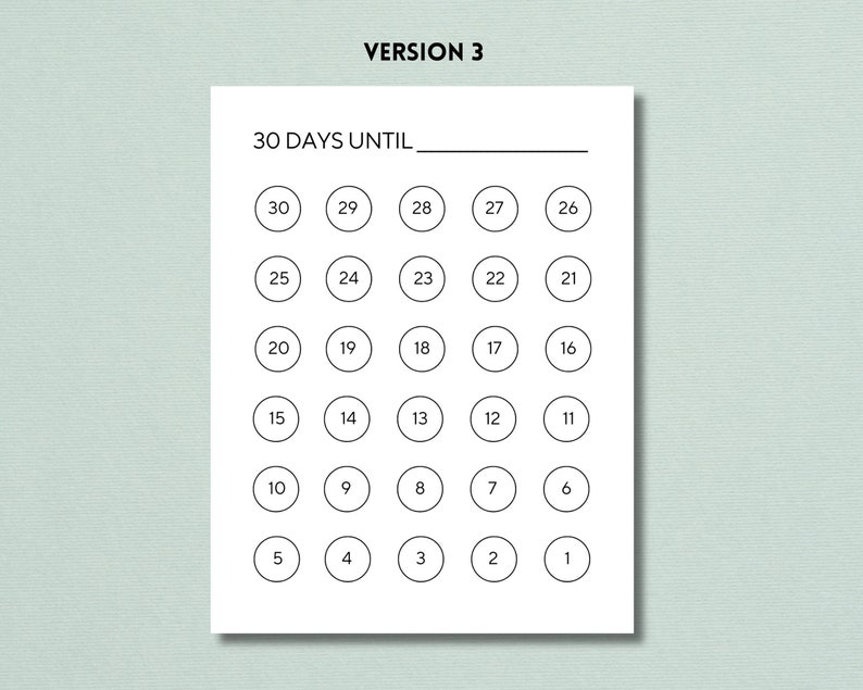 100, 60, 30 Day Countdown Printable Template, Countdown Calendar ...