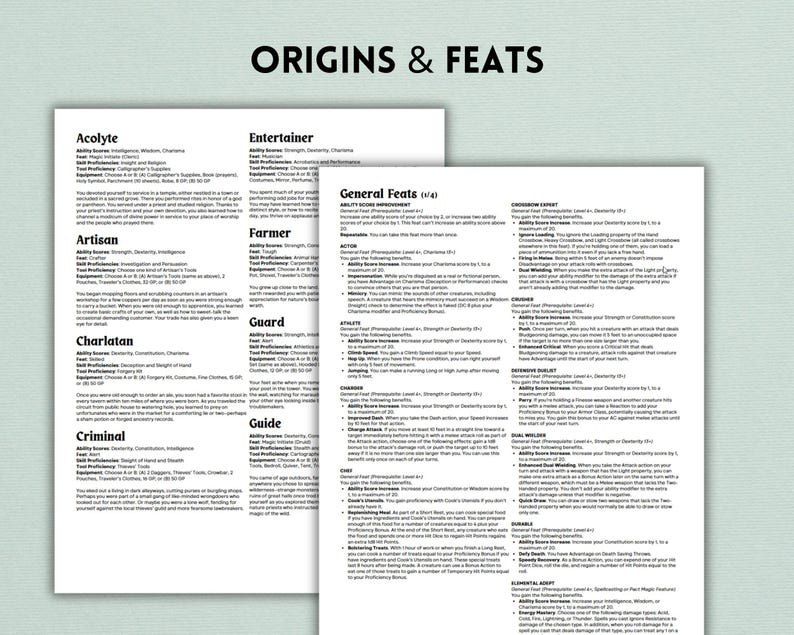 Dnd 5e Class Reference Sheets: Species, Origins, Feats (letter & A4 ...