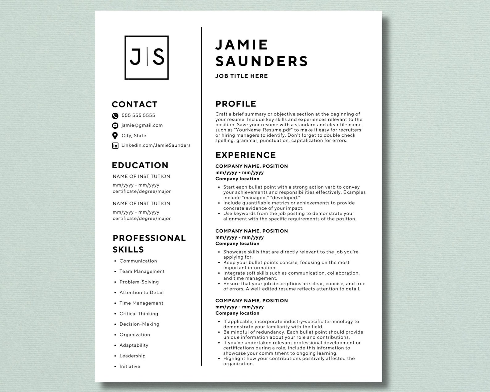 One or Two Page Resume Template, CV Work Resume, Job Resume Template ...
