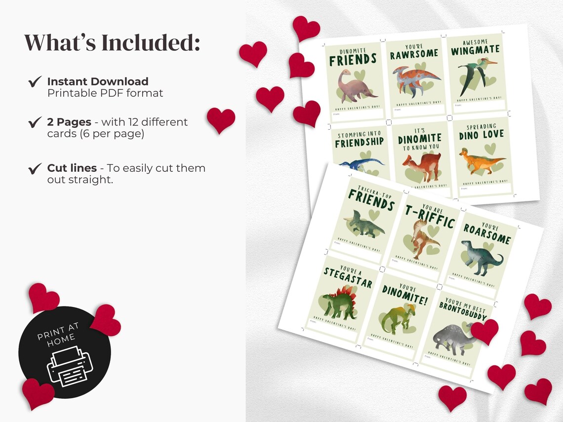 Dinosaur Kids Valentines Classroom Printable Dino Valentines Day Cards ...