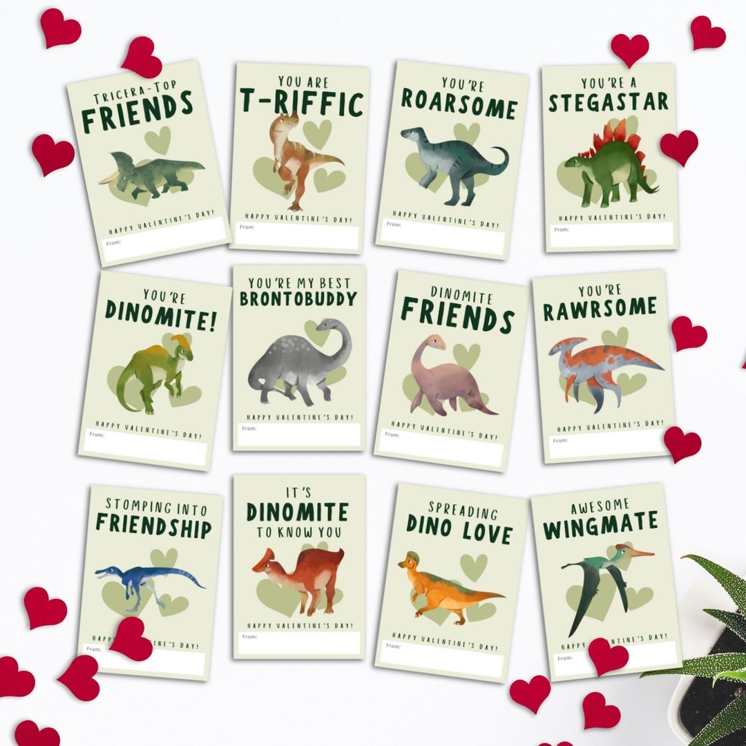 Dinosaur Kids Valentines Classroom Printable Dino Valentines Day Cards ...