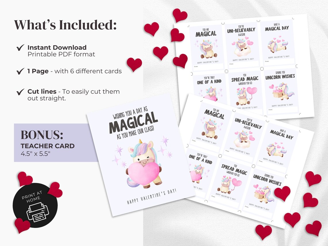 Unicorn Valentine's Day Card for Kids Classroom Valentines Day Cards ...