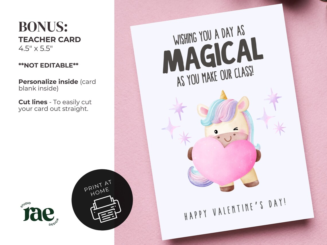Unicorn Valentine's Day Card for Kids Classroom Valentines Day Cards ...